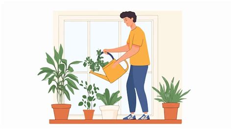 Professional Male Care Assistant Watering Plants On Window Sill