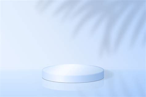 제품 데모를 위한 현실적인 3d 라운드 연단 열 대 그림자 오버레이 효과 블루 배경실린더 플랫폼 화장품 브랜딩 패키징 프리젠 테이션을위한 받침대가있는 장면 배경 주제에 대한