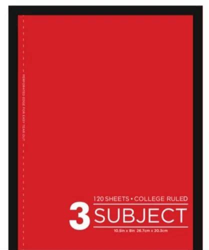 Red Cardboard Cover 3 Subject College Ruled Spiral Notebook Size 26