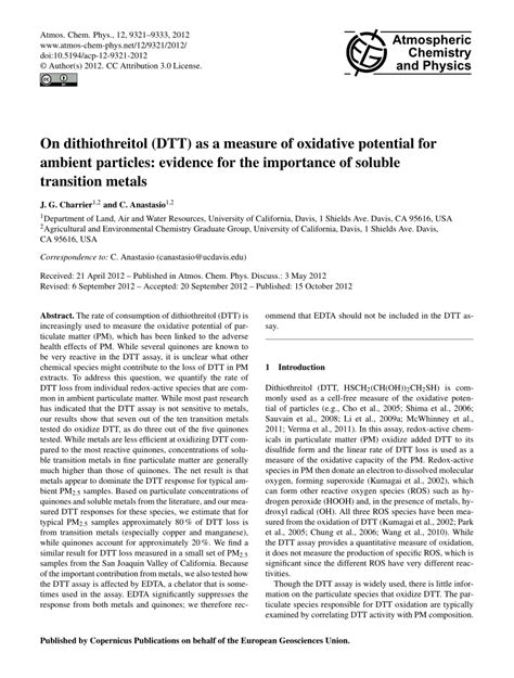 Pdf On Dithiothreitol Dtt As A Measure Of Oxidative Potential For