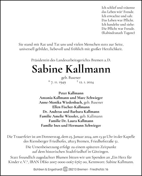 Traueranzeigen Von Sabine Kallmann Trauer And Gedenken