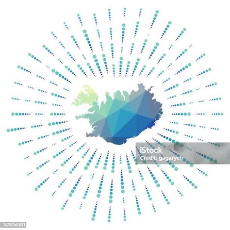 아이슬란드의 모양 다각형 햇살 화려한 별 광선이 있는 나라의 지도 디지털 기술 인터넷 네트워크 스타일의 아이슬란드 그림 벡터