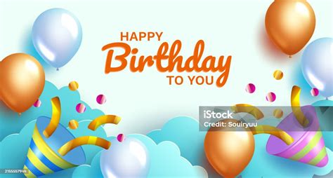 생일 축하 배경 디자인 종이 자른 구름 다양한 색상의 풍선 및 색종이 조각이 있는 벡터 일러스트레이션입니다 벡터 일러스트레이터