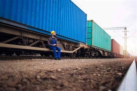 Free Photo Male Worker Checking Train Trailers With Shipping