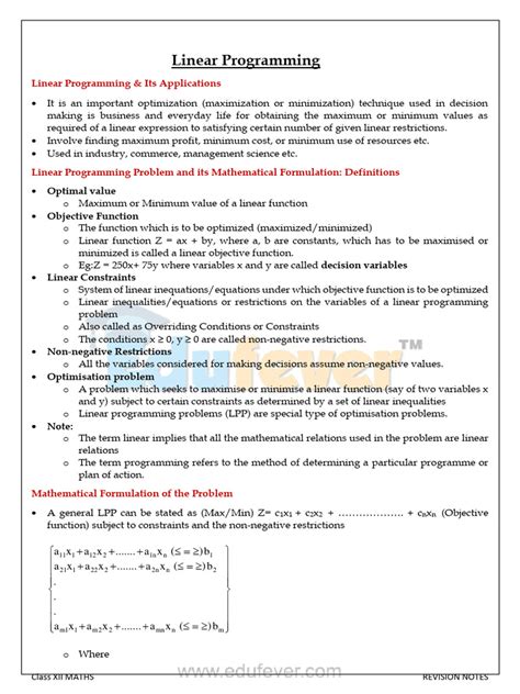 Chapter 12 Linear Programming Revision Notes Pdf Mathematical