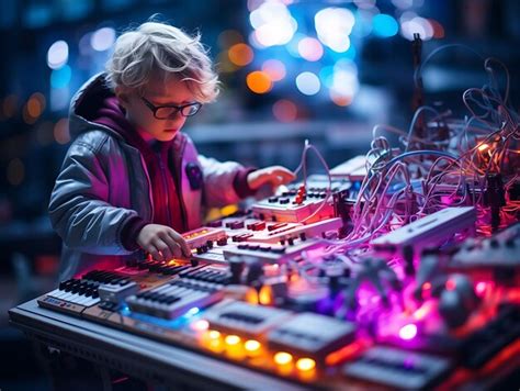 Premium Ai Image Photoshoot With Tilt Shift Style Of A Kid Composing Music On A Modular
