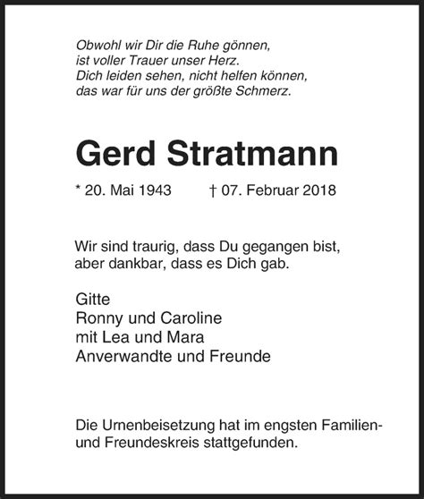 Traueranzeigen Von Gerd Stratmann Trauer In Nrw De