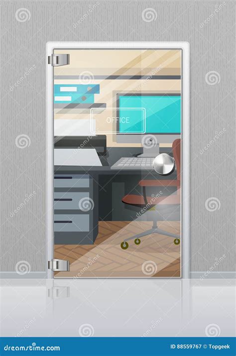 Office Interior Through Glass Door Flat Vector Stock Vector