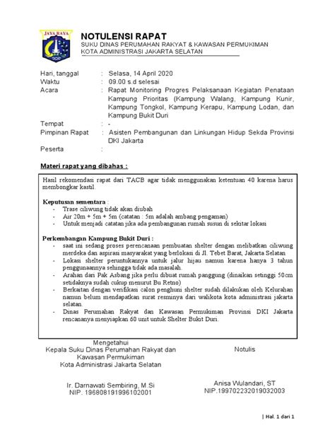 Notulensi Rapat Suku Dinas Perumahan Rakyat And Kawasan Permukiman Kota