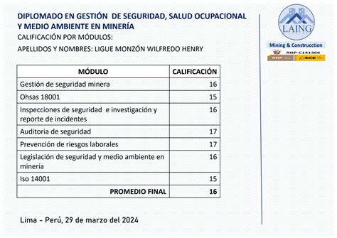 Diploma Ligue MonzÓn Wilfredo Henry Laura Ingenieros E I R L