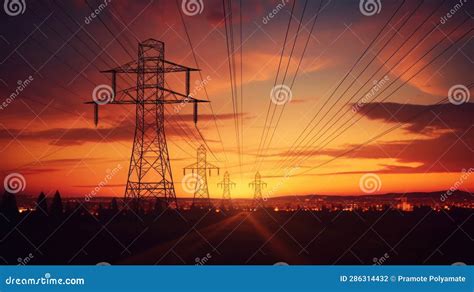 High Voltage Electric Transmission Tower At Sunset Generative Ai Stock