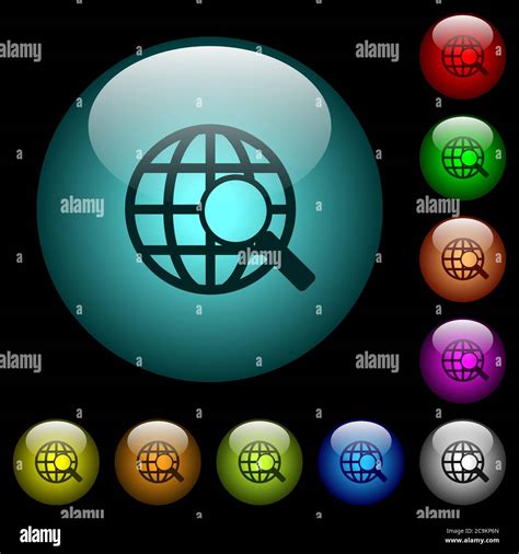 Web Search Icons In Color Illuminated Spherical Glass Buttons On Black Background Can Be Used