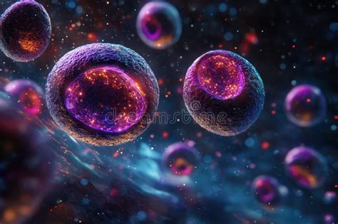 Colorful Microscopic Cells In Deep Space Showcasing Intricate Details And Structures At Night