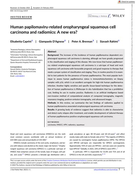 Pdf Hpv Related Oropharyngeal Squamous Cell Carcinoma And Radiomics