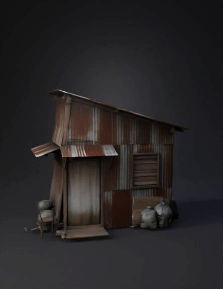 3d Model Rusty Corrugated Metal Shack With Sloped Roof Weathered Door