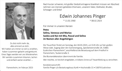 Traueranzeigen Von Edwin Johannes Pinger Wirtrauern