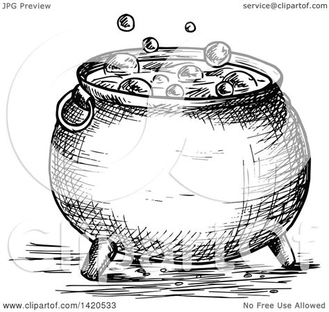Clipart Of A Sketched Black And White Boiling Cauldron Royalty Free