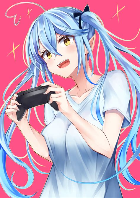 Safebooru 1girl D Ahoge Bangs Black Bow Blue Hair Blue Nails Bow