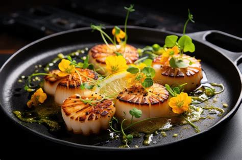 A Pan Filled With Sea Scallops And Vibrant Yellow Flowers Placed On A