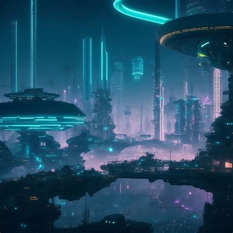Futuristic City At Night With Neon Lights 3d Rendering Stock