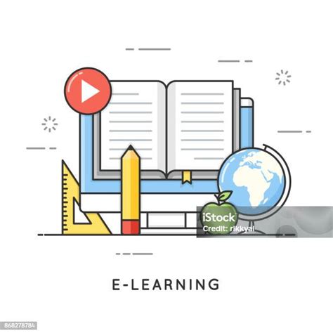E러닝 온라인 교육 거리 교육 자습서 플랫 라인 아트 스타일 개념입니다 배너 아이콘 일러스트 편집 가능한 벡터 개념에 대한 스톡 벡터 아트 및 기타 이미지 Istock