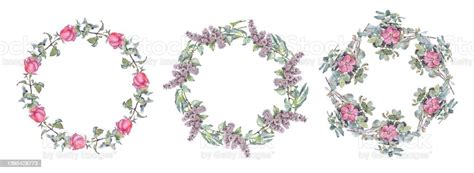 디자인을 위해 수채화 원 프레임 테두리 템플릿을 설정하십시오 꽃 개 장미와 라일락이있는 가지가 흰색 배경에 고립되어 있습니다 잎으로 손으로 그린 여름 식물 공간을 복사합니다