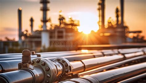 Industrial Sunset Pipelines Lead To Refinery Bathed In Golden Light