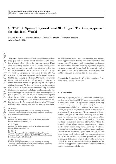 Pdf Srt3d A Sparse Region Based 3d Object Tracking Approach For The