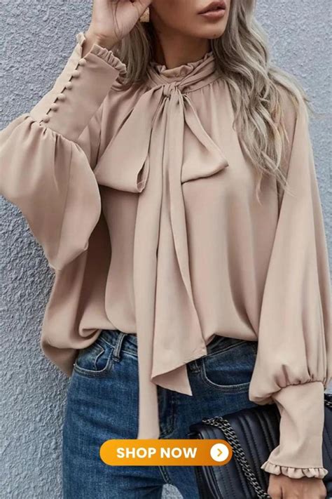 Ruffle Trim Tie Neck Blouse Casual Solid Long Sleeve Blouse For Spring