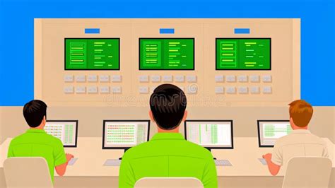 Control Room With Three Operators Monitoring Screens And Data