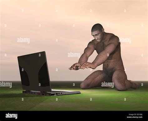 Homo Erectus Man Wondering What Is A Computer Stock Photo Alamy