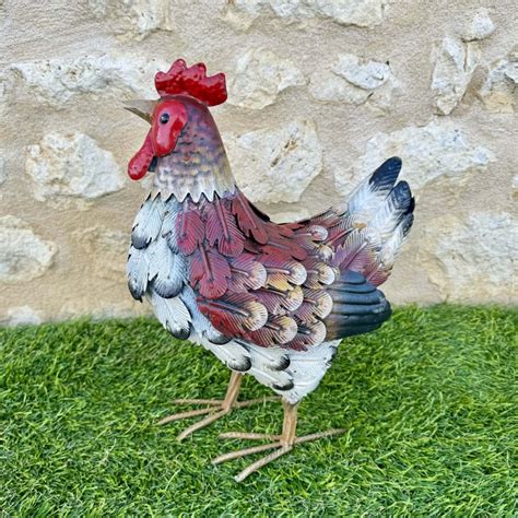 Statue sculpture poule et coq patiné en métal 49 90 LEZARD DU JARDIN