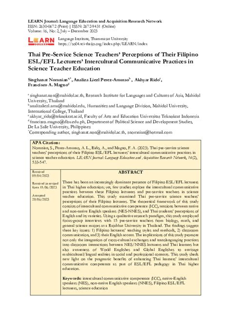 Pdf Thai Pre Service Science Teachers Perceptions Of Their Filipino Esl Efl Lecturers