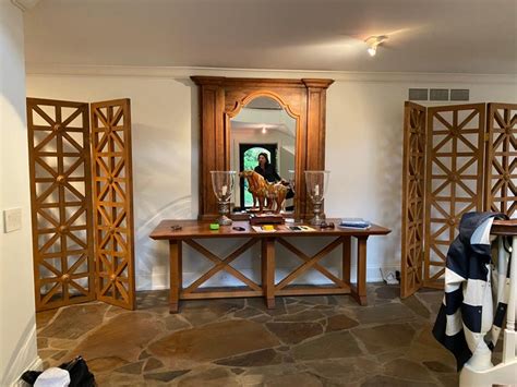 Pair Of Modern Architectural Oak Three Panel Folding Screen Dividers