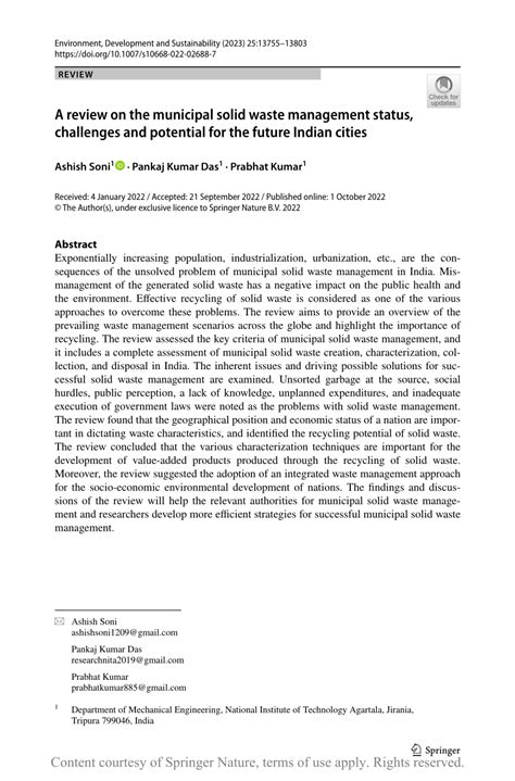 A Review On The Municipal Solid Waste Management Status Challenges And