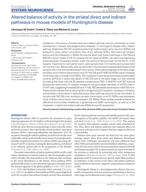 Pdf Altered Balance Of Activity In The Striatal Direct And Indirect
