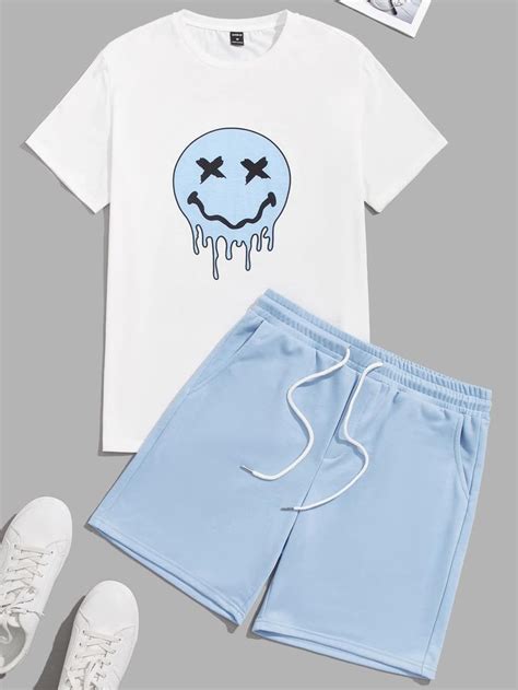 Men Letter Graphic Teedrawstring Waist Shorts Set Mens Shorts Outfits