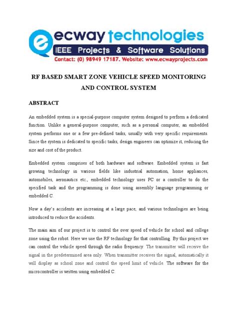 Rf Based Smart Zone Vehicle Speed Monitoring And Control System Pdf