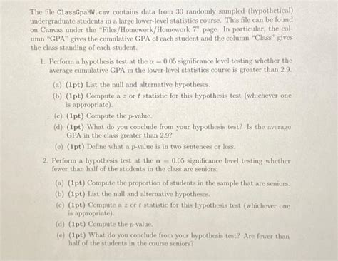 the file classgpahw csv contains data from 30