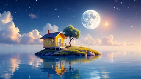 Surreal Tiny Island With Yellow House Full Moon And Reflective Water 4k