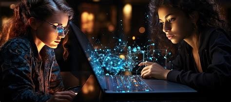 Premium Photo Laptop Code Hologram And Woman Thinking Of Data