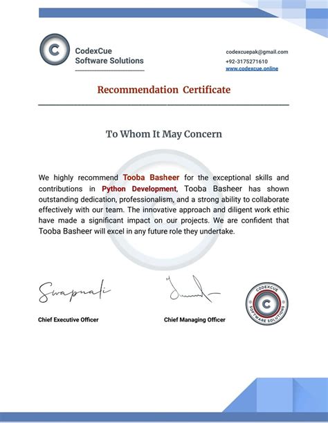Tooba Basheer Mughal On Linkedin Codexcue Recommendationcertificate