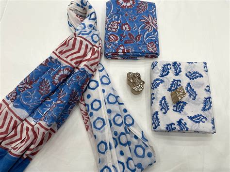 Persian Blue And White Floral Print Cotton Dupatta Suit
