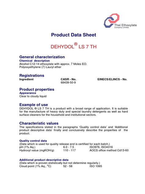 Product Data Sheet Dehydol Ls 7 Th Pdf Specification Technical