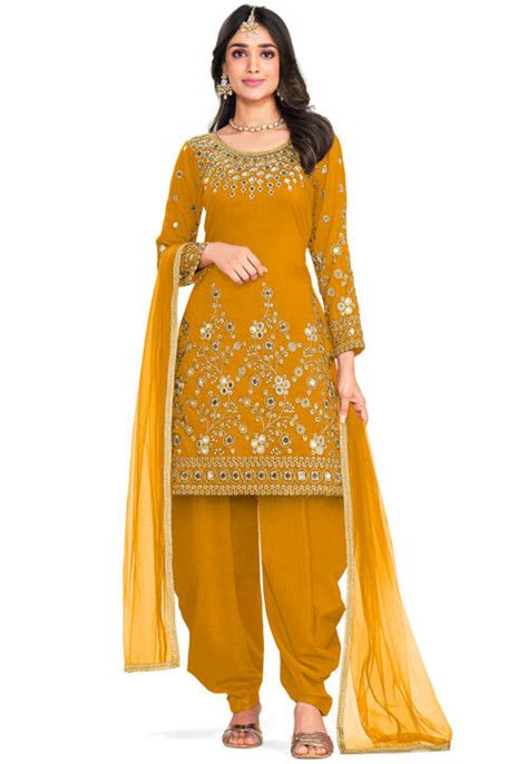 Buy Embroidered Art Silk Punjabi Suit In Mustard Online Kch10719