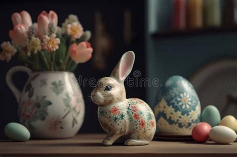 Vintage Style Bunny Rabbit Pottery Art And Easter Eggs With Flowers