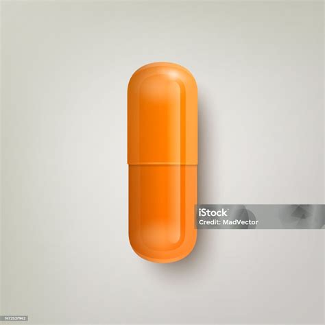 벡터 3d 현실적인 오렌지 제약 의료 알약 캡슐 흰색 배경에 태블릿 정면도 공간 복사 의학 건강 개념 3차원 형태에 대한 스톡