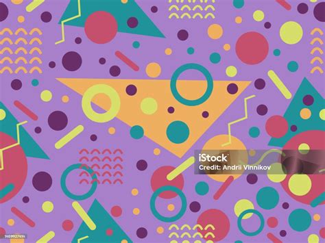 80년대 스타일의 기하학적 모양이 있는 매끄러운 패턴 화려한 기하학적 패턴입니다 선전용 제품 포장지 소책자 및 인쇄를 위한 디자인 벡터 그림 0명에 대한 스톡 벡터 아트 및
