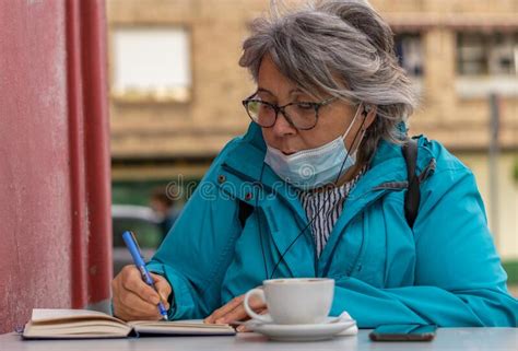 White Haired Woman Drinking Coffee At The Bar Stock Image Image Of