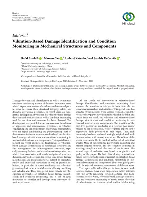 Pdf Vibration Based Damage Identification And Condition Monitoring In